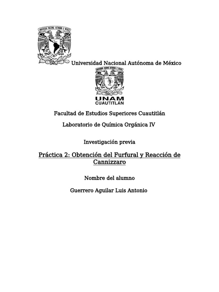 Síntesis de Furfural y Reacción de Cannizzaro | PDF | Ácido | Química