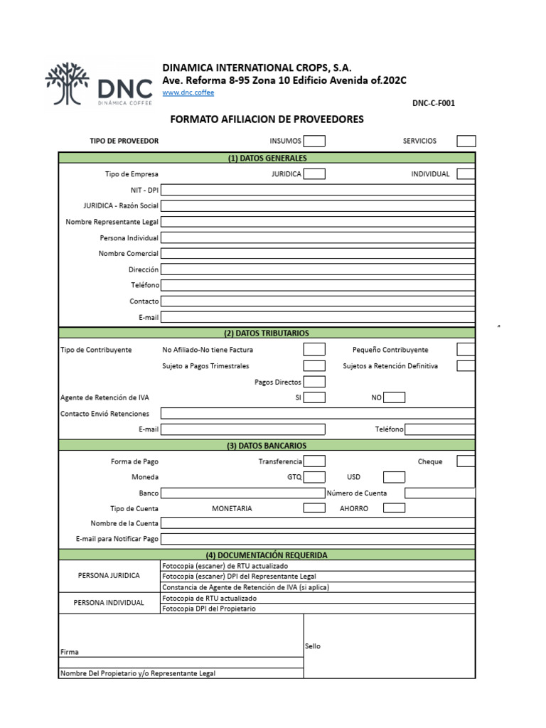 DNC-C-F001 Formato Afiliación de Proveedores | PDF | Pagos | Bancario