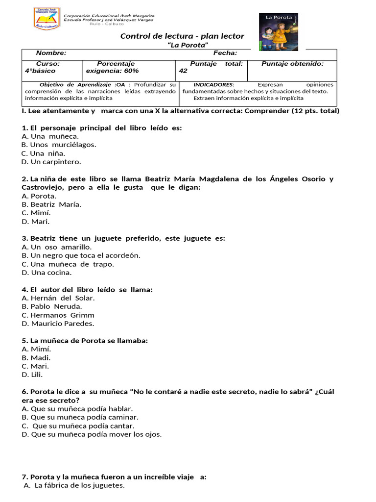 prueba plan lector la porota | PDF