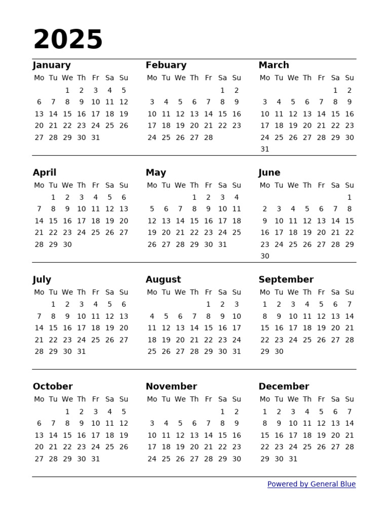 2025 Calendar Printable Portrait Monday Start | PDF
