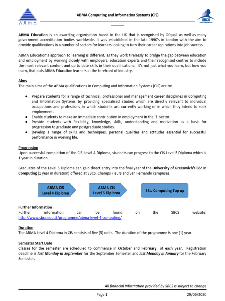 ABMA CIS Level 4 Diploma Fact Sheet October 2020 | PDF | Diploma | Banks