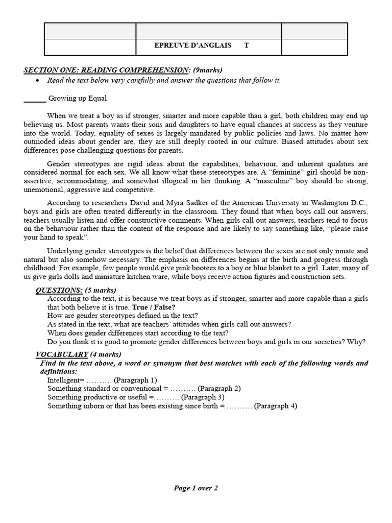 DEVOIR LYDZO 2023 - 2024 -Tle A4 | PDF | Grammatical Gender | Gender