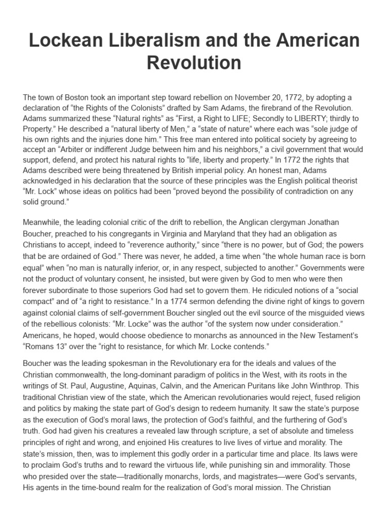 Lockean Liberalism and The American Revolution | PDF | John Locke