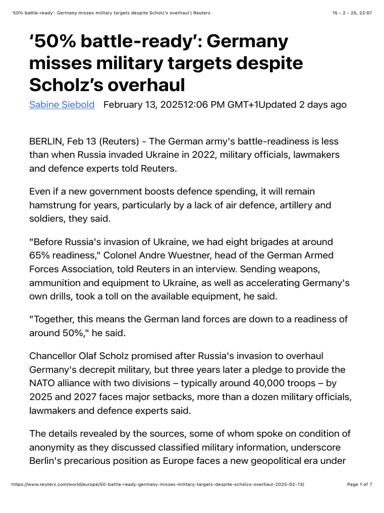 BRD, 50% Battle-Ready': Germany Misses Military Targets Despite Scholz ...