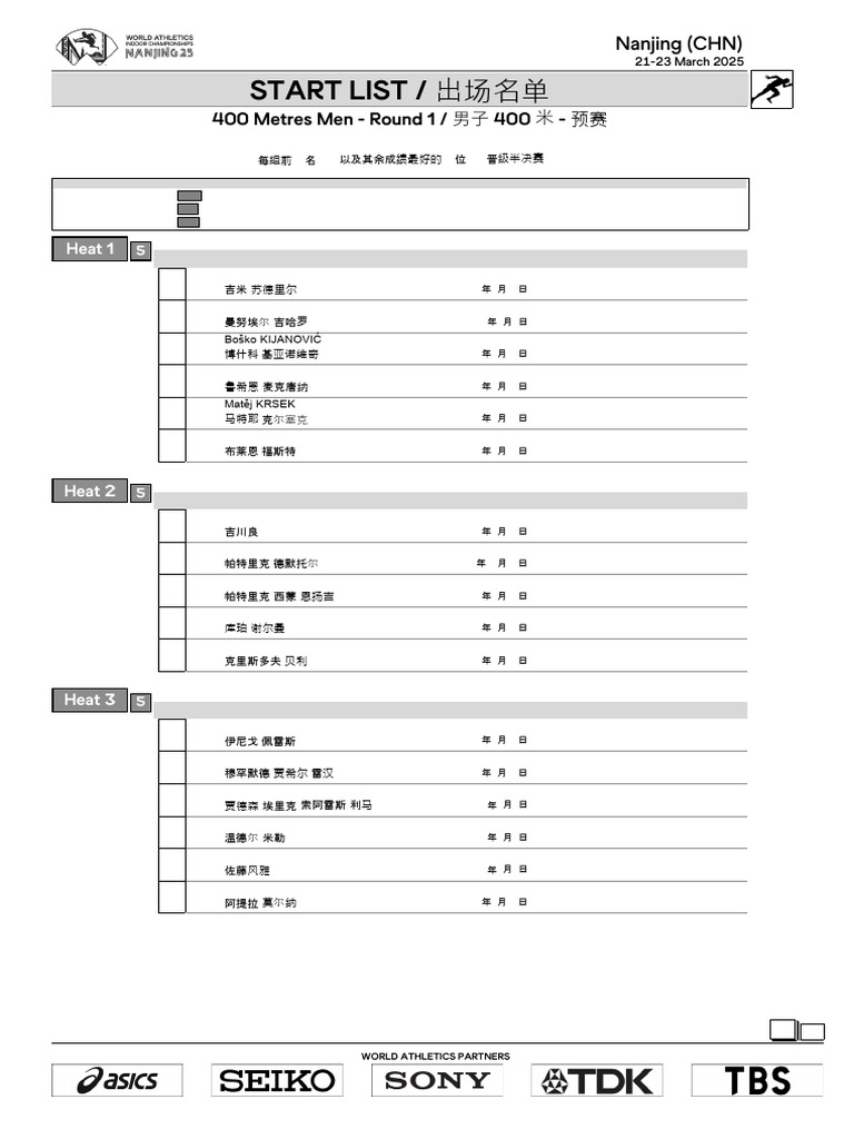Start List /: 400 Metres Men - Round 1 / 400 | PDF