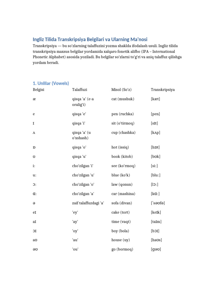 Ingliz Tilida Transkripsiya Qoidalari | PDF