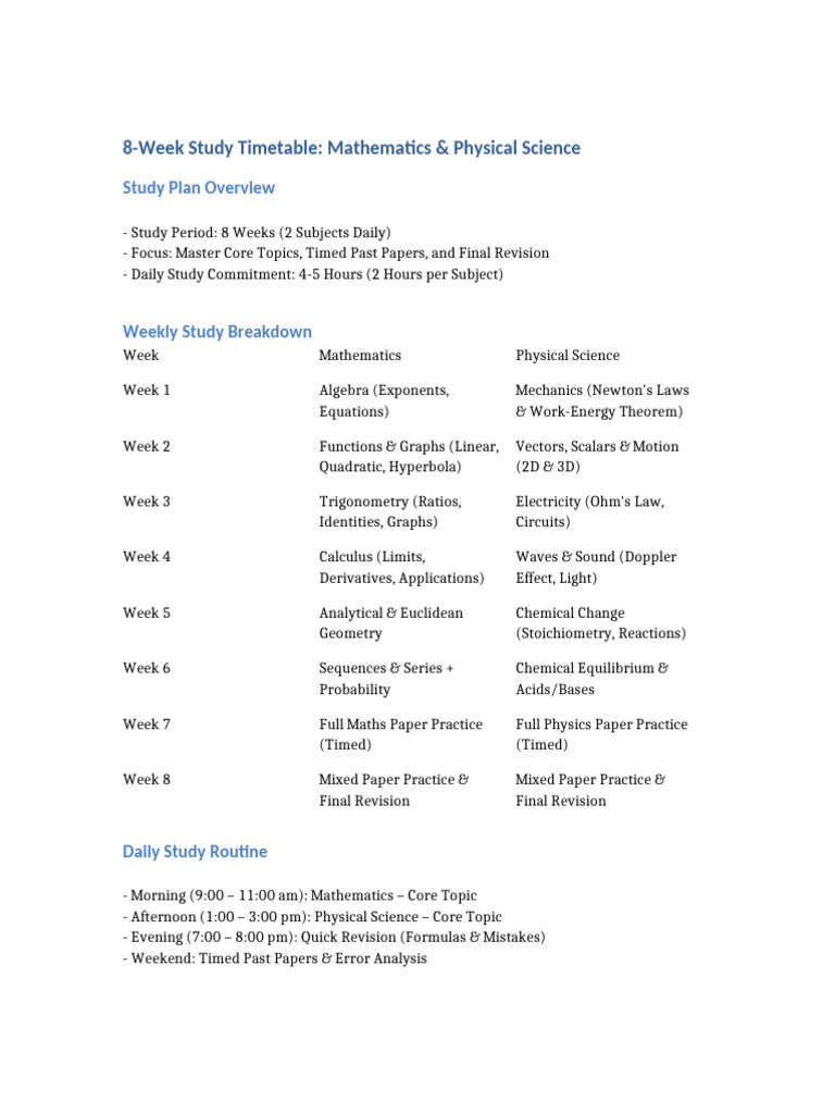 8 Week Maths Physics Study Timetable | PDF