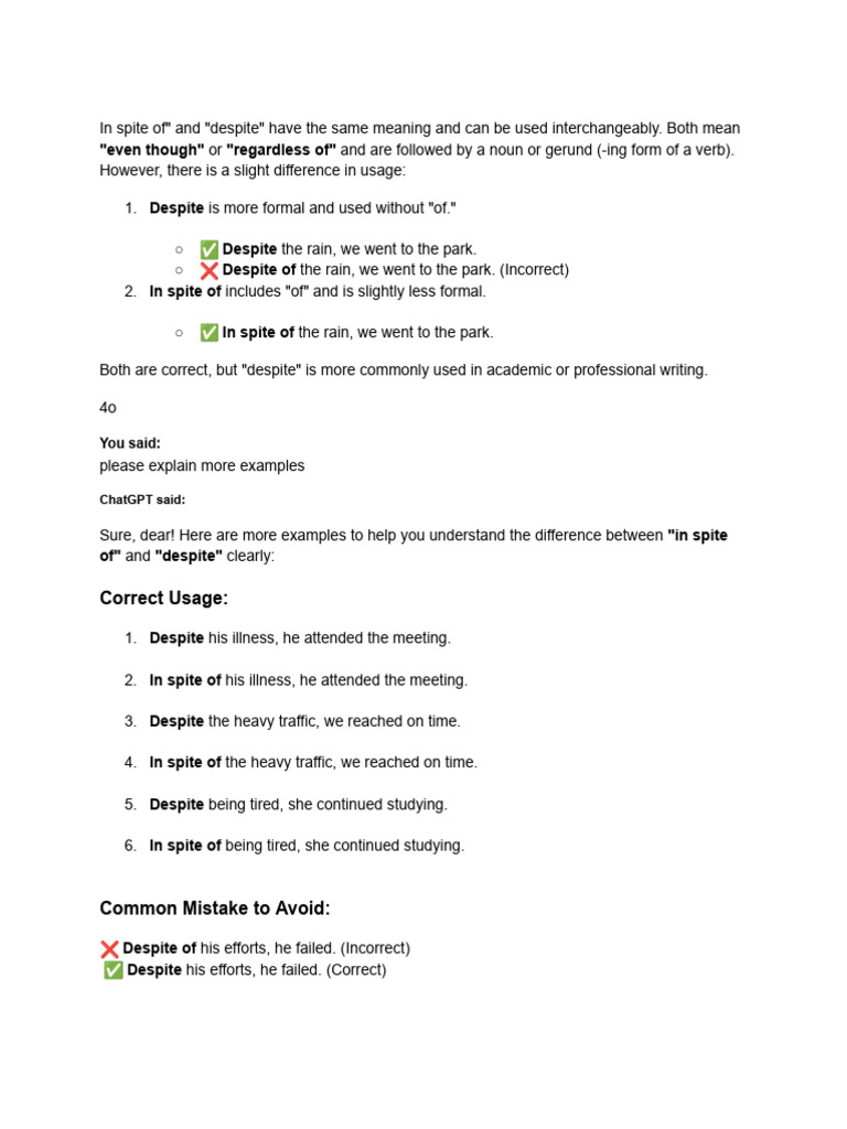 Usage of "Despite" vs "In Spite Of" | PDF | Human Communication ...