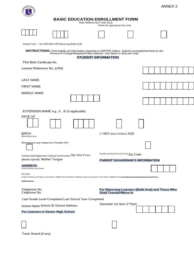 Basic Education Enrollment Form | PDF