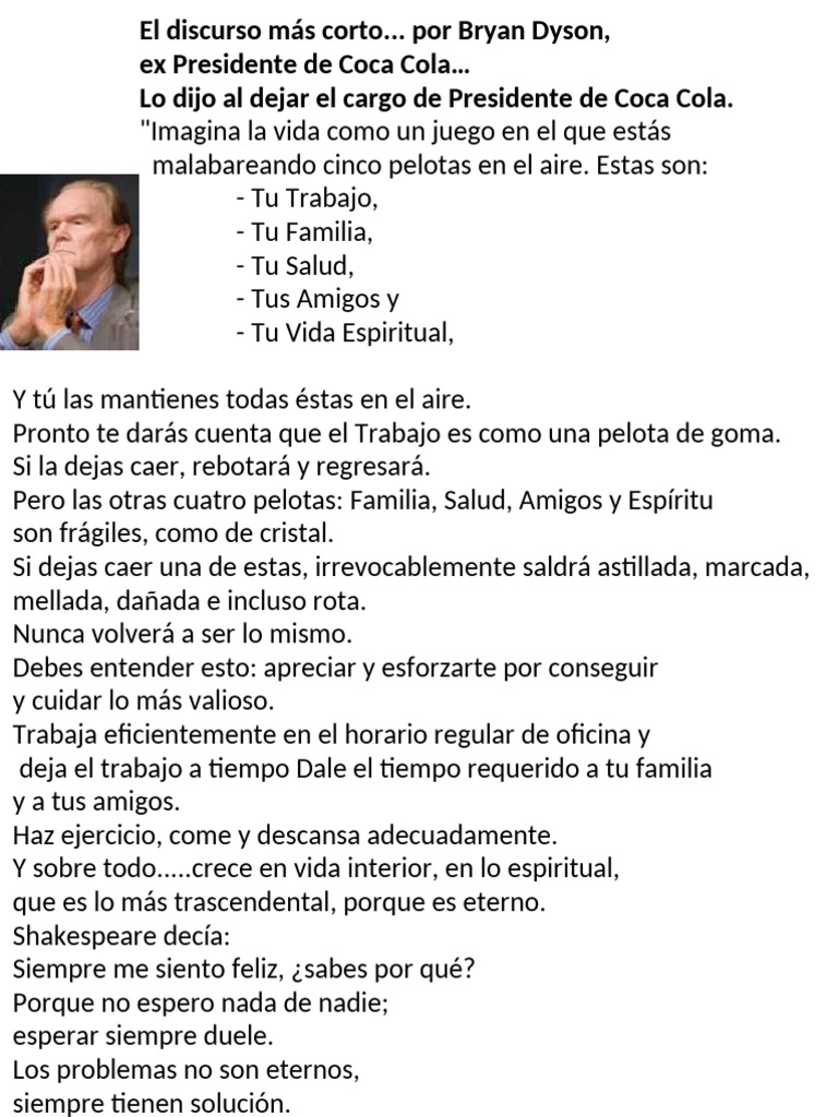 Discurso de Bryan Dyson: Las 5 Pelotas de la Vida | PDF
