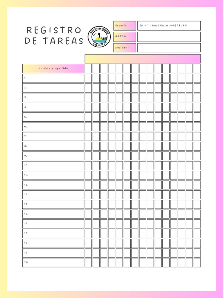 Planilla de registro de tareas escolares tornasolada | PDF