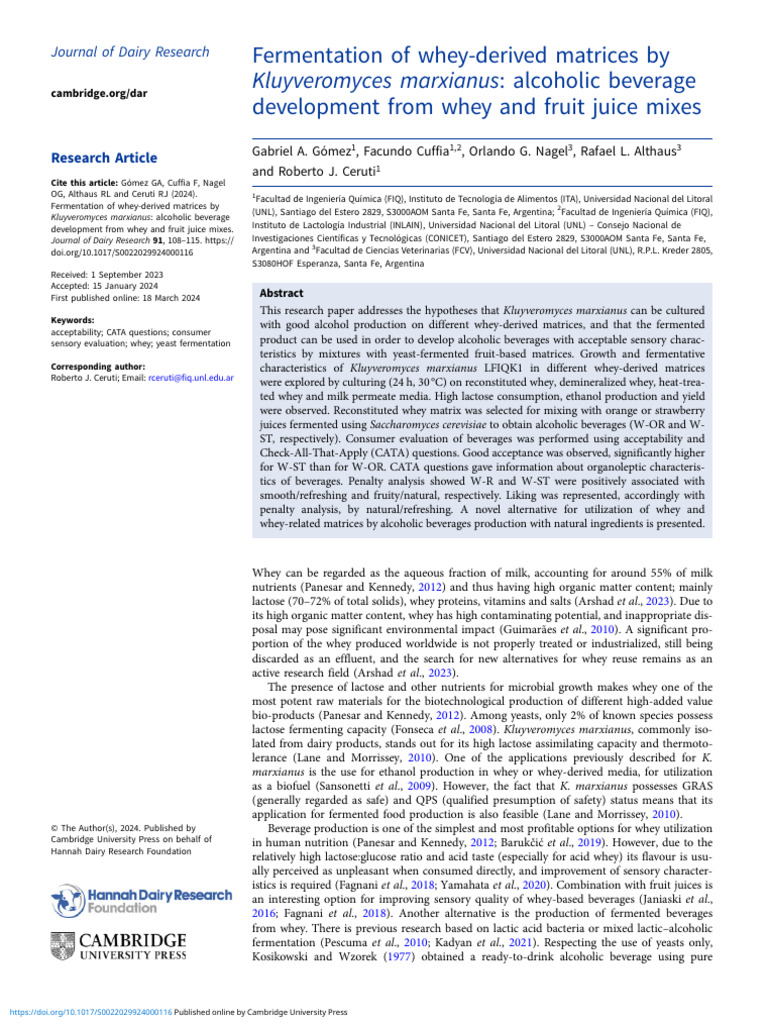 Fermentation of Whey Derived Matrices by Kluyveromyces Marxianus ...