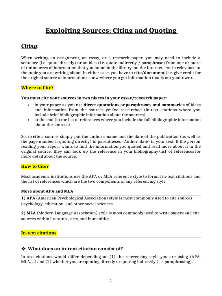 Citing and Quoting Sources Guide | PDF | Citation | Written Communication