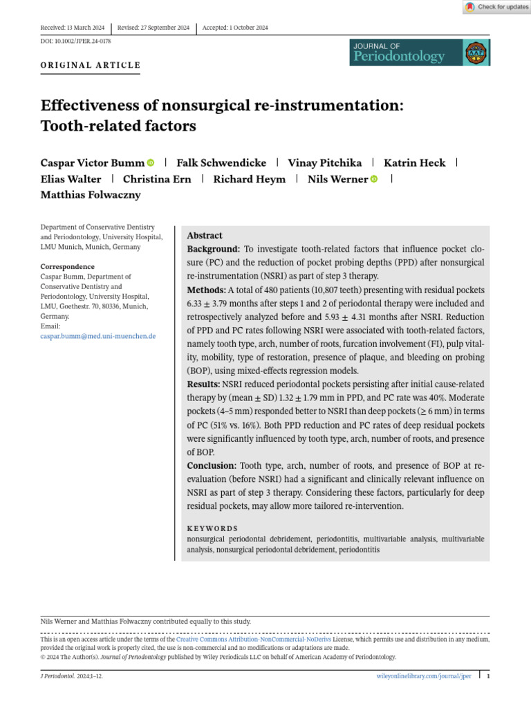 Effectiveness of Nonsurgical Re-Instrumentation Tooth-Related Factors ...
