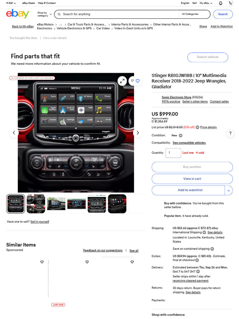 Stinger RB10JW18B _ 10_ Multimedia Receiver 2018-2022 Jeep Wrangler, Gladiator _ eBay | PDF ...