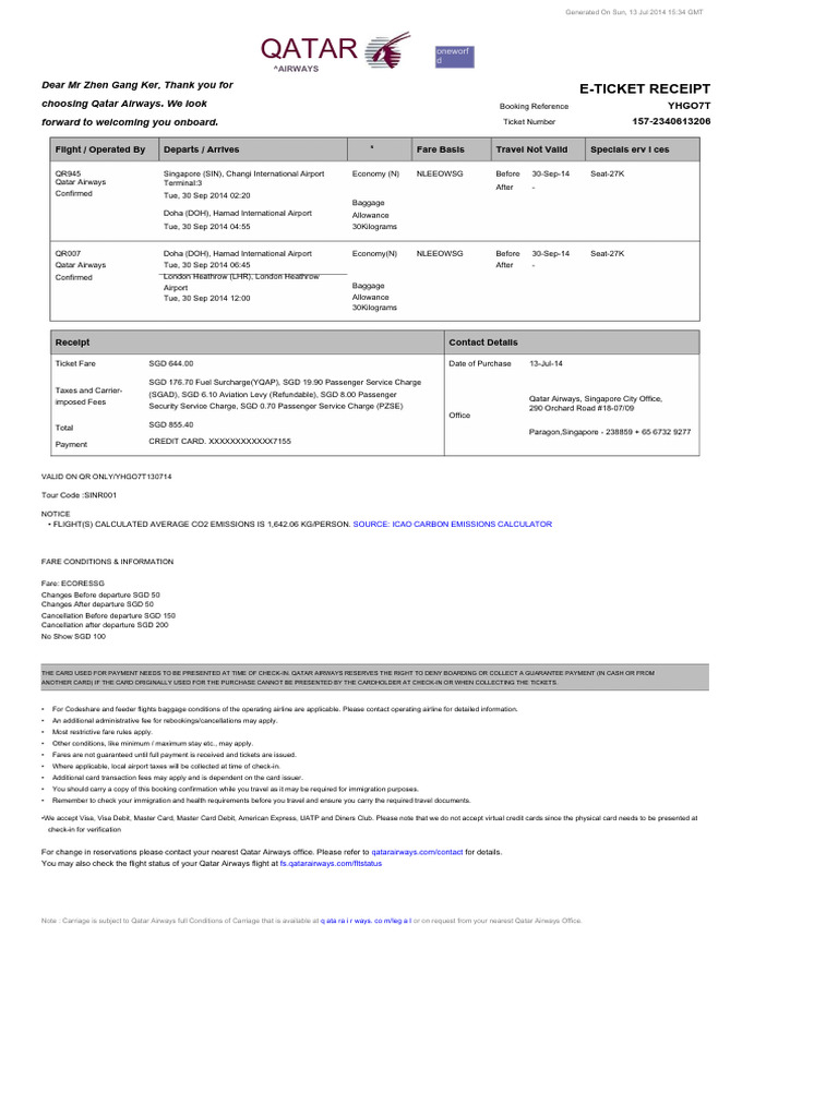 Qatar Airways E-Ticket Receipt | PDF | Debit Card | Visa Inc.