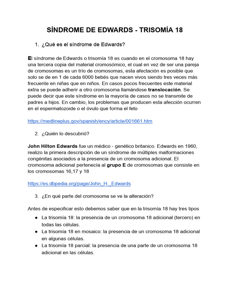 Síndrome de Edwards: Trisomía 18 | PDF | Enfermedades y trastornos ...