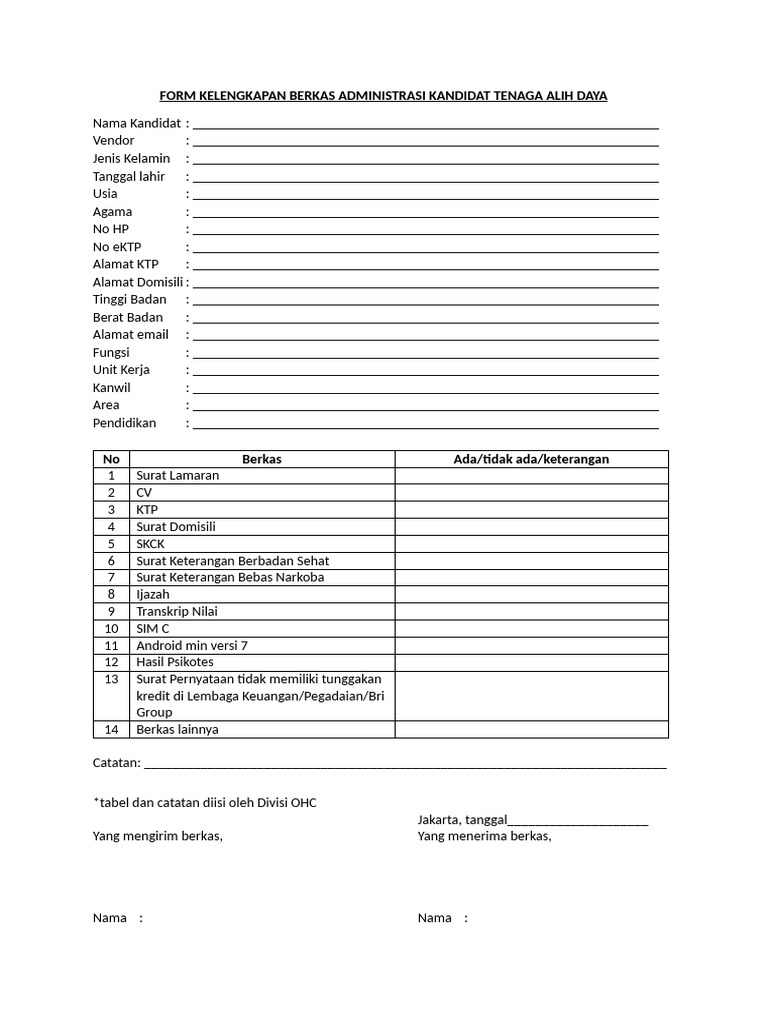 Form Kelengkapan Berkas Administrasi Kandidat Tenaga Alih Daya | PDF