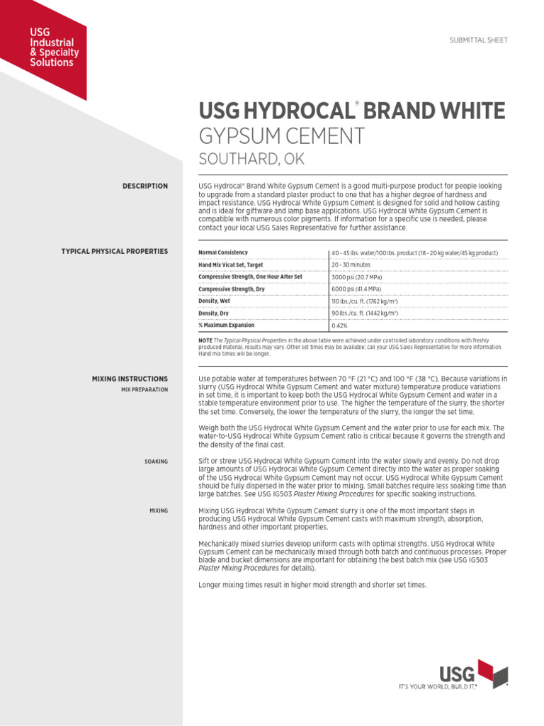 Hydrocal White Gypsum Cement Data en IG1381 | PDF | Plaster | Cement