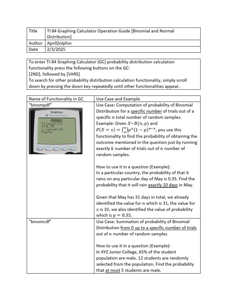H2 Mathematics - Use of Graphing Calculator TI84 (Binomial and Normal ...