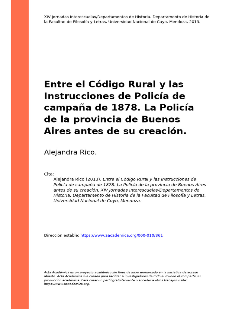 Alejandra Rico (2013) - Entre El Código Rural y Las Instrucciones de Policía de Campaña de 1878 ...