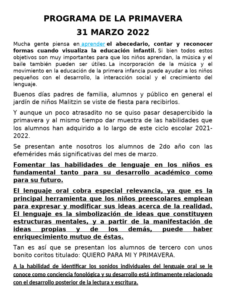Program A Primavera | PDF | Educación de la primera infancia | Bailes