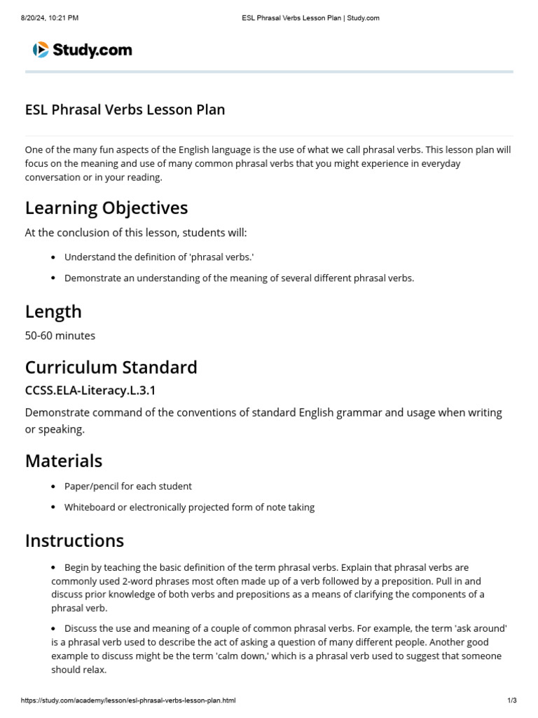 ESL Phrasal Verbs Lesson Plan | PDF | English Language | English As A ...