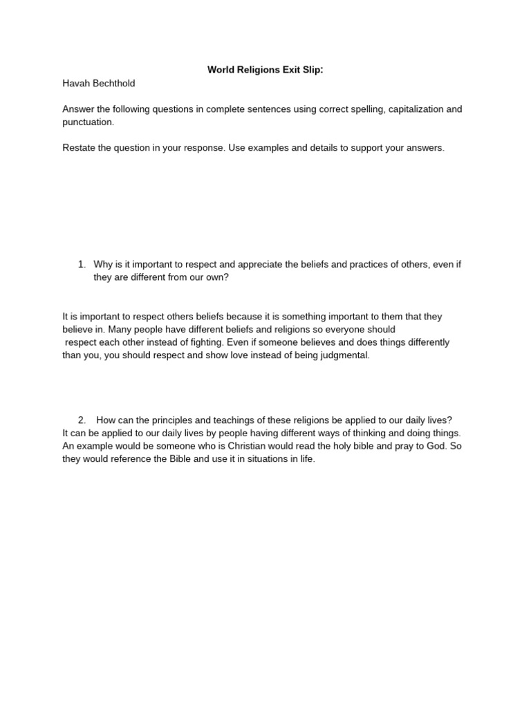 World Religions Exit Slip | PDF