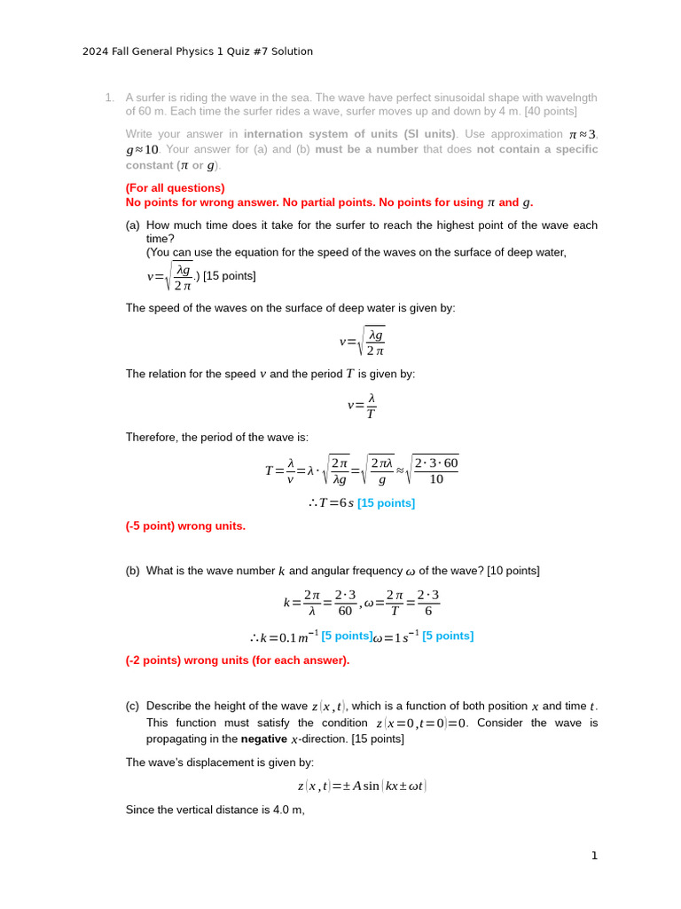 GP1_Quiz7sol(Chap 14)_rev7 (1) | PDF | Wavelength | Waves