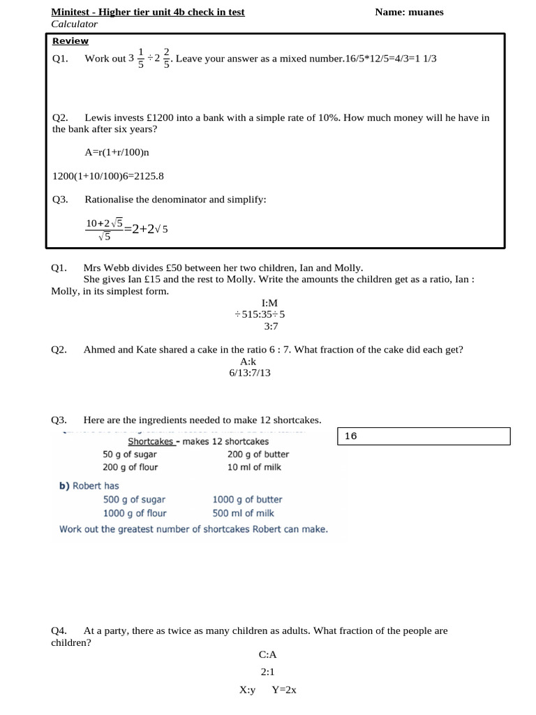 Minitest: Unit 4b Ratio and Proportion | PDF | Ratio | Division ...