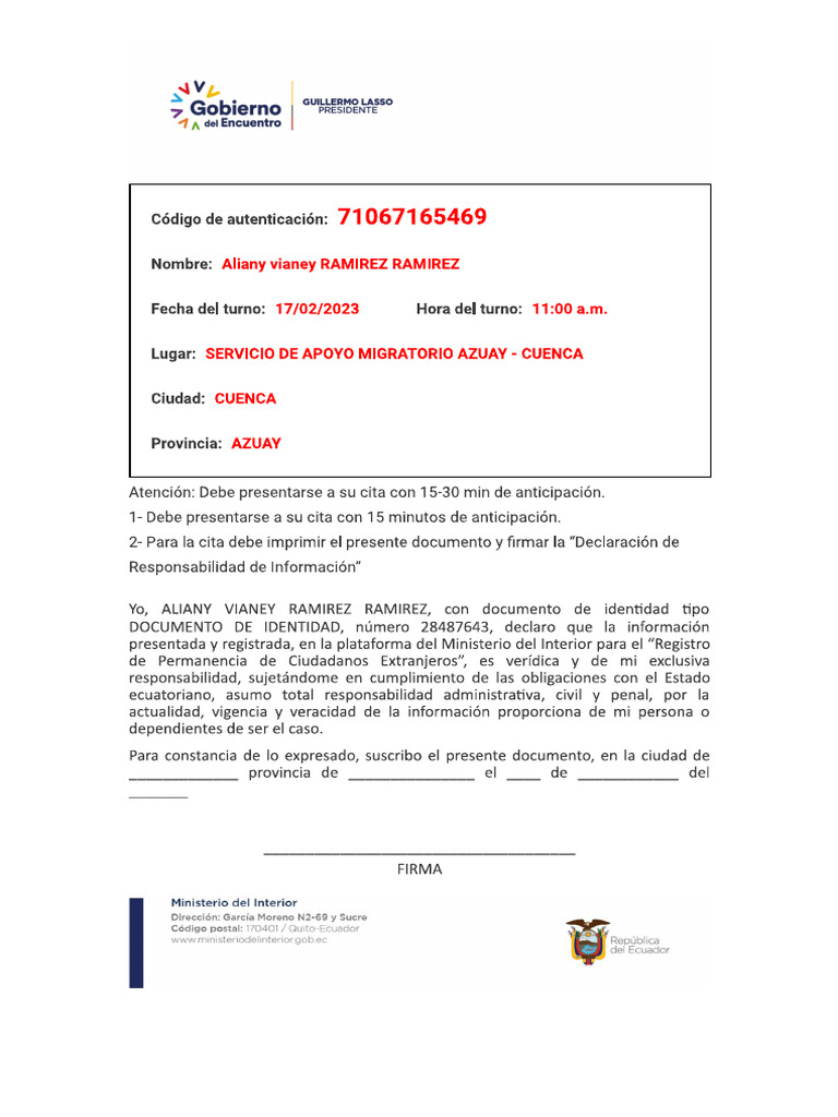 cita migracion aliany ramirez 15-07-2000 | PDF