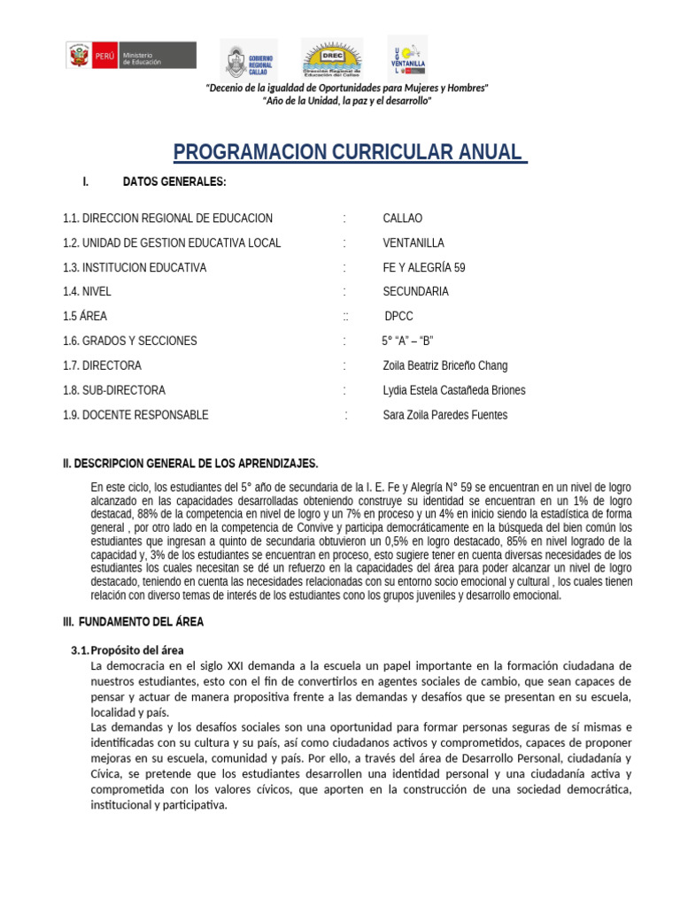 5° DPCC PROGRAMACION CURRICULAR ANUAL | PDF | Moralidad | Desarrollo personal
