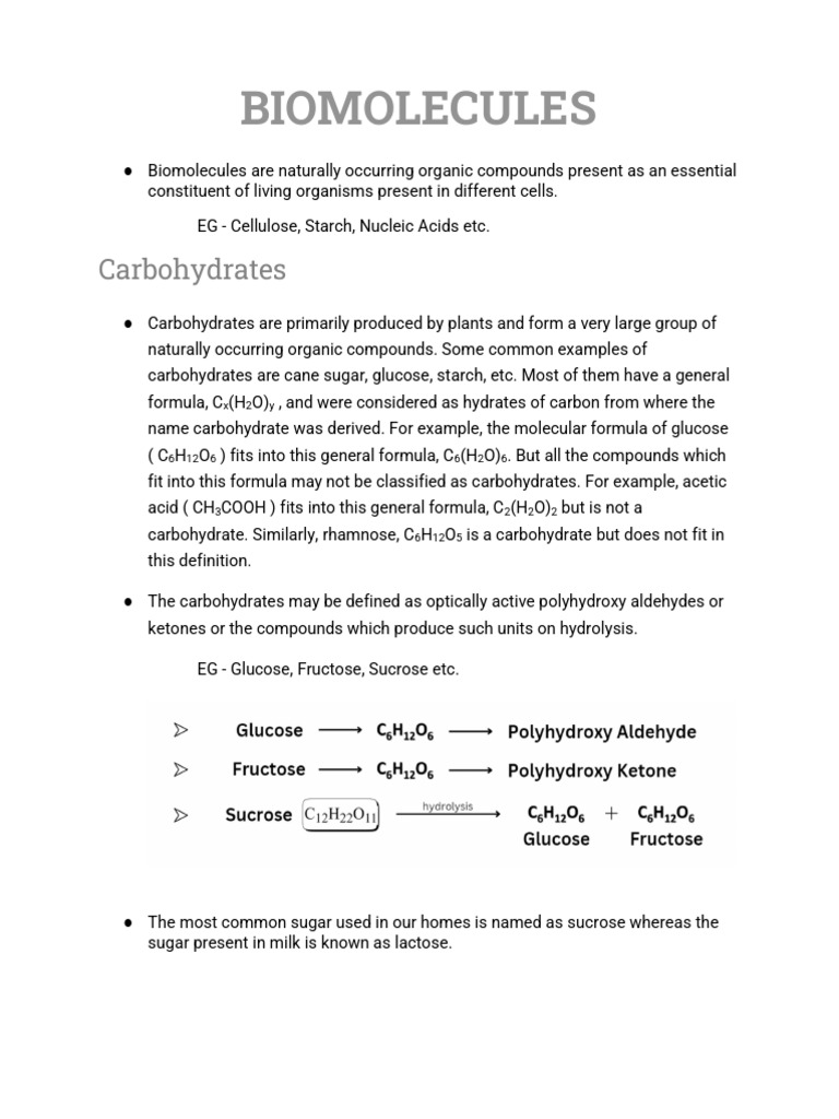 BIOMOLECULES NOTES - Converted by DJ | PDF | Carbohydrates | Nucleic Acids
