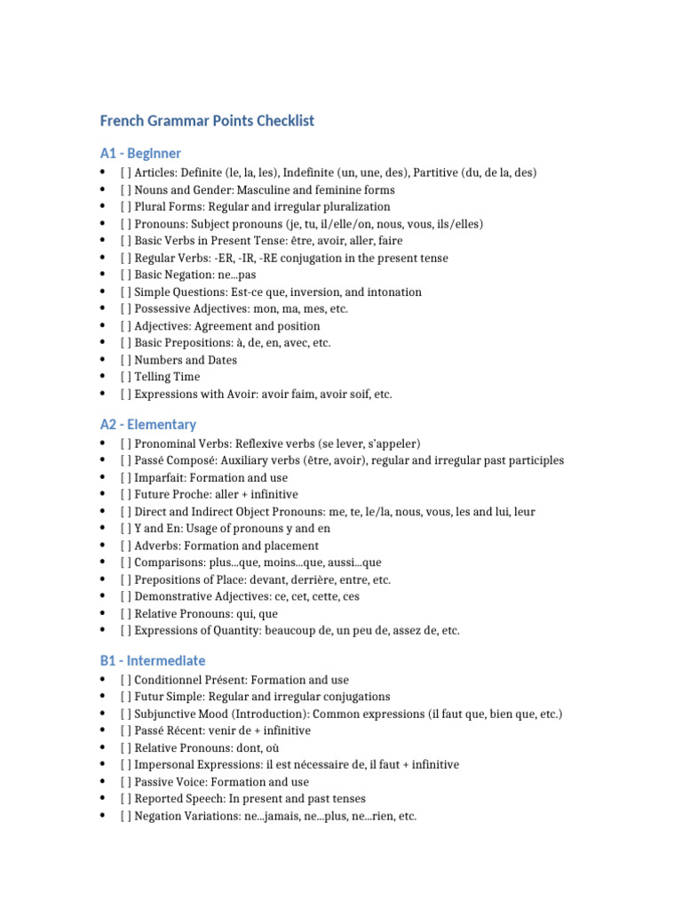 French Grammar Checklist | PDF | Verb | Syntactic Relationships