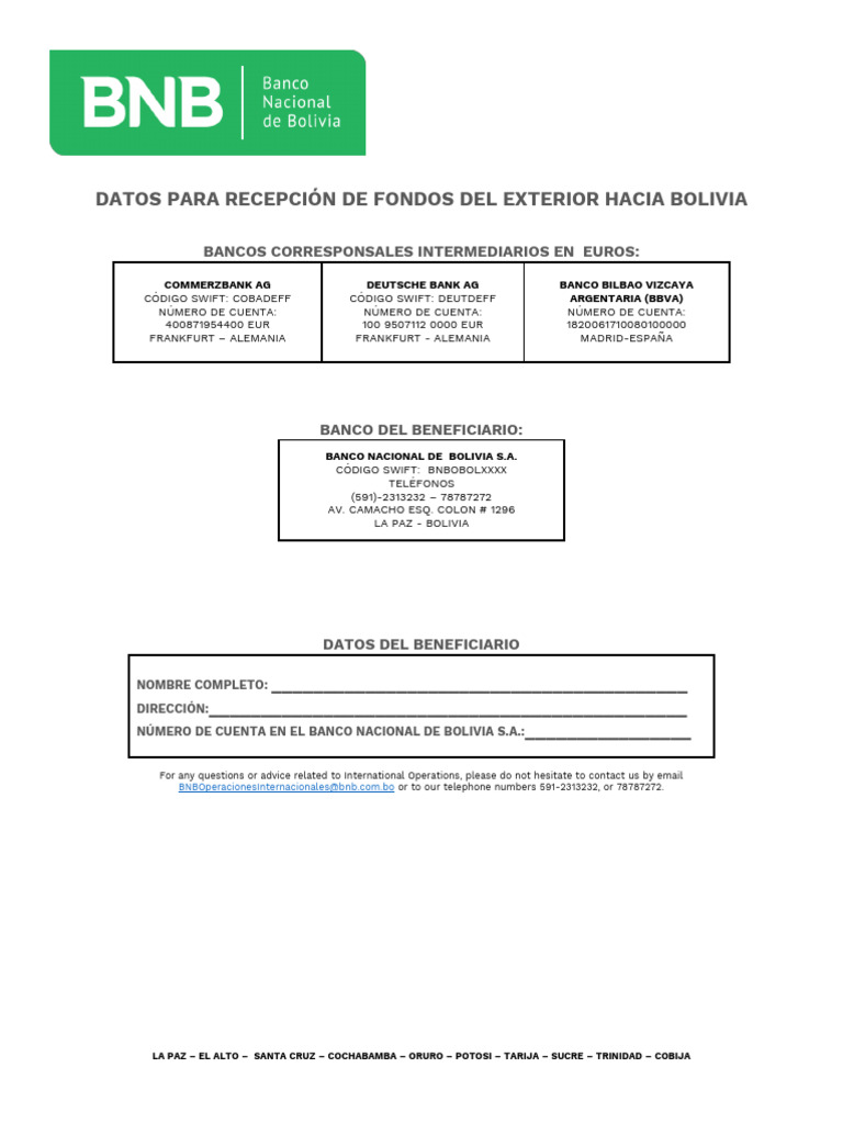 BANCOS_CORRESPONSALES_BNB_EUR | PDF