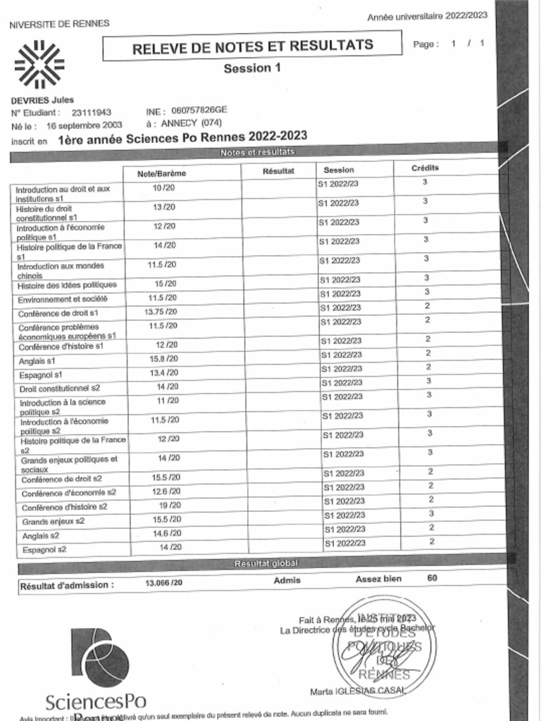 Relevé de Notes 1A 2A ScPo Rennes | PDF