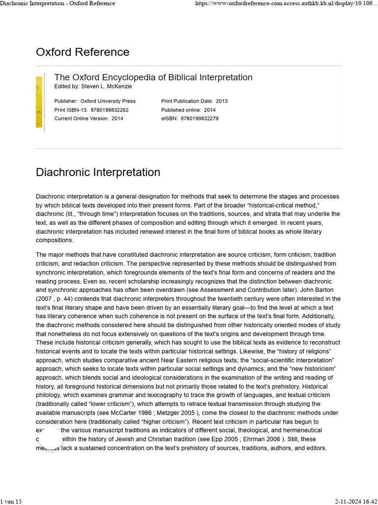 Diachronic Interpretation - Oxford Reference | PDF | Biblical Criticism ...