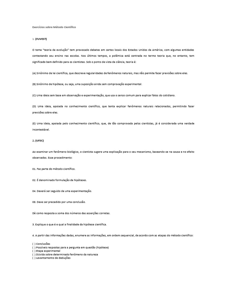 Exercícios sobre Método Científico | PDF Exercícios sobre Método Científico | PDF