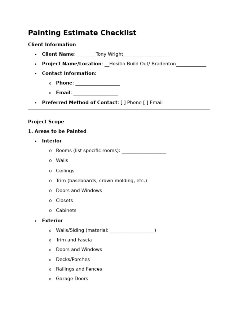 Painting Estimate Checklist Template | PDF | Paint | Materials