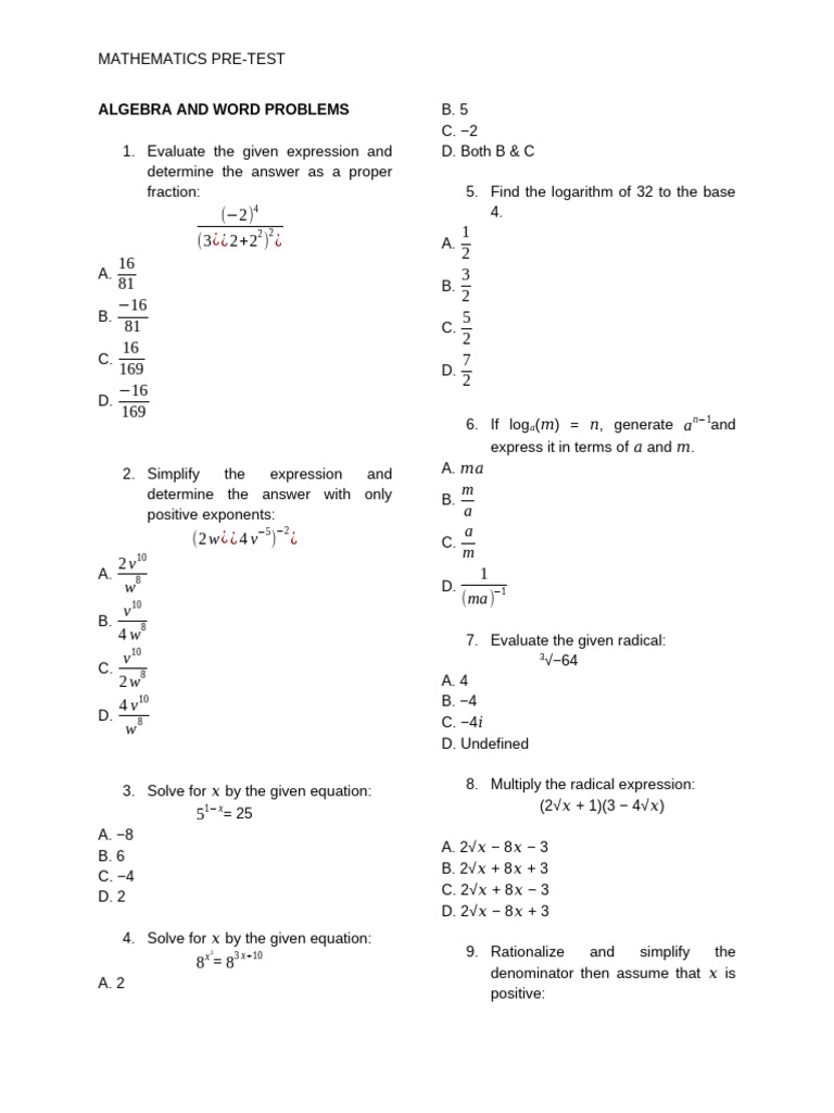 Mathematics Pre-Test: Algebra & Geometry | PDF | Circle | Trigonometric ...