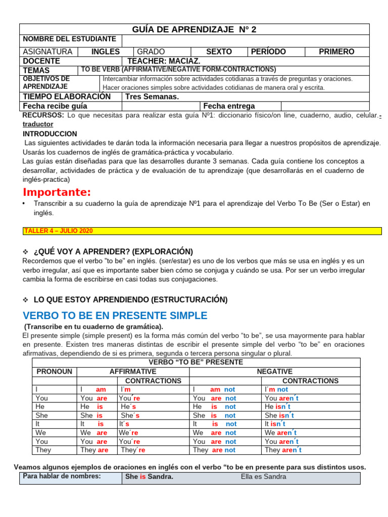 GUÍA DE APRENDIZAJE Nº2 TO BE VERB | PDF | Aprendizaje | Verbo