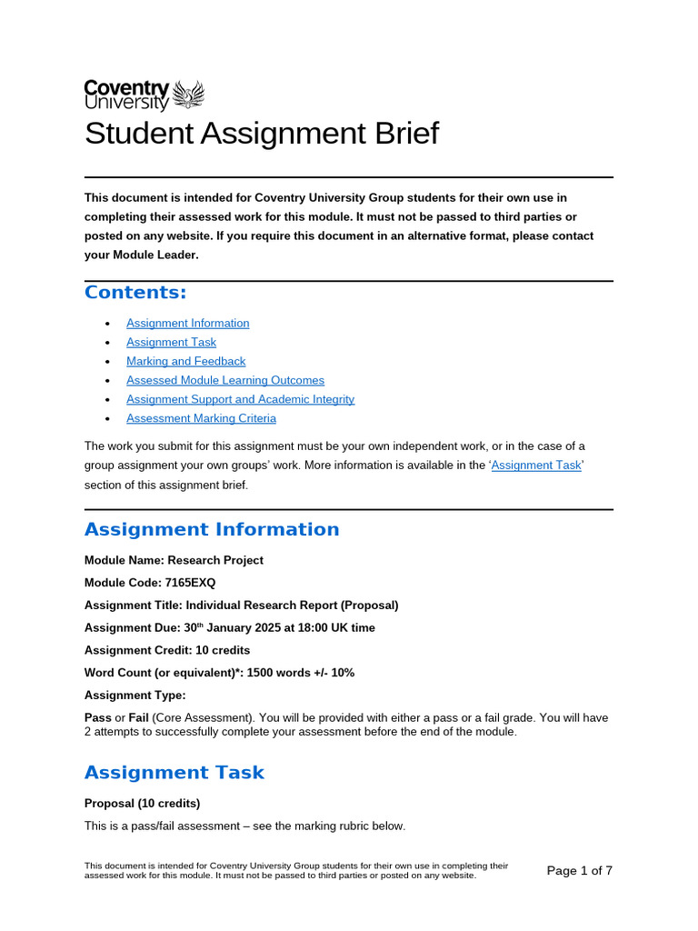 7165EXQ CW1 Proposal Assignment Brief Sem 2 V02 | PDF | Plagiarism | Cognition
