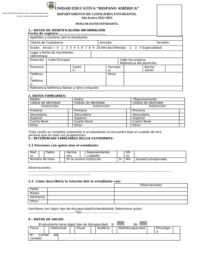 Ficha Estudiantil Dece - Ueha | PDF