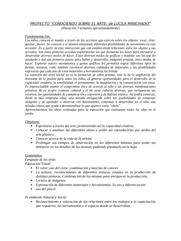 Proyecto Lucila Manchado en Nivel Inicial | PDF | Educación en artes ...