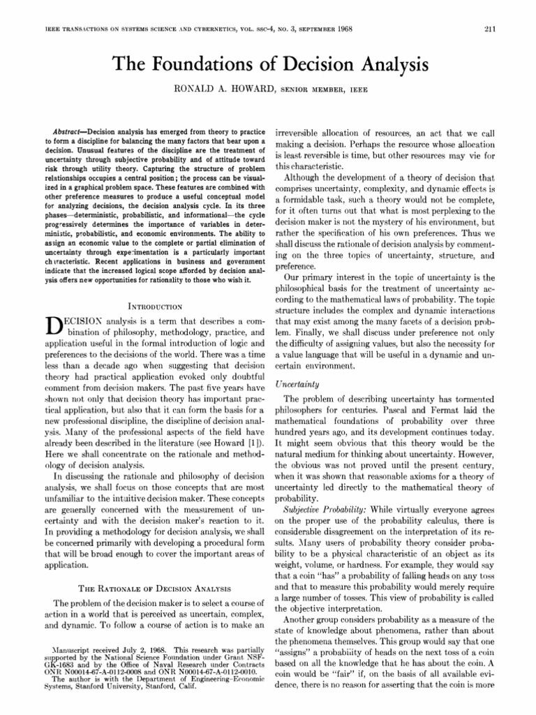Howard1968 - The Foundations of Decision Analysis | PDF | Utility | Probability