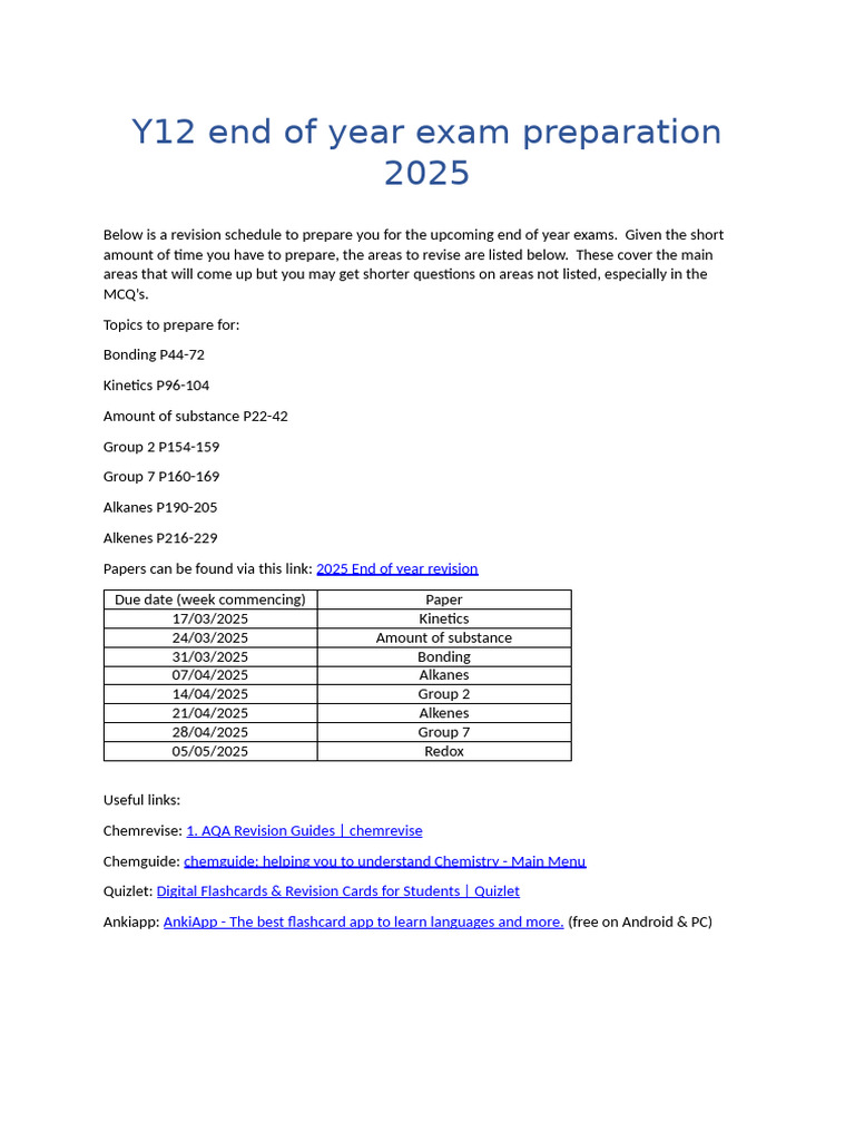 Y12 End of Year Exam Preparation 2025 | PDF