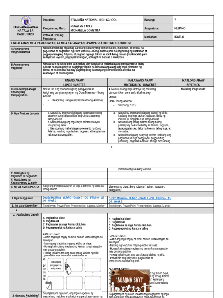 G7 Matatag DLP Q4 W1 W2 Sy 2024 2025 | PDF