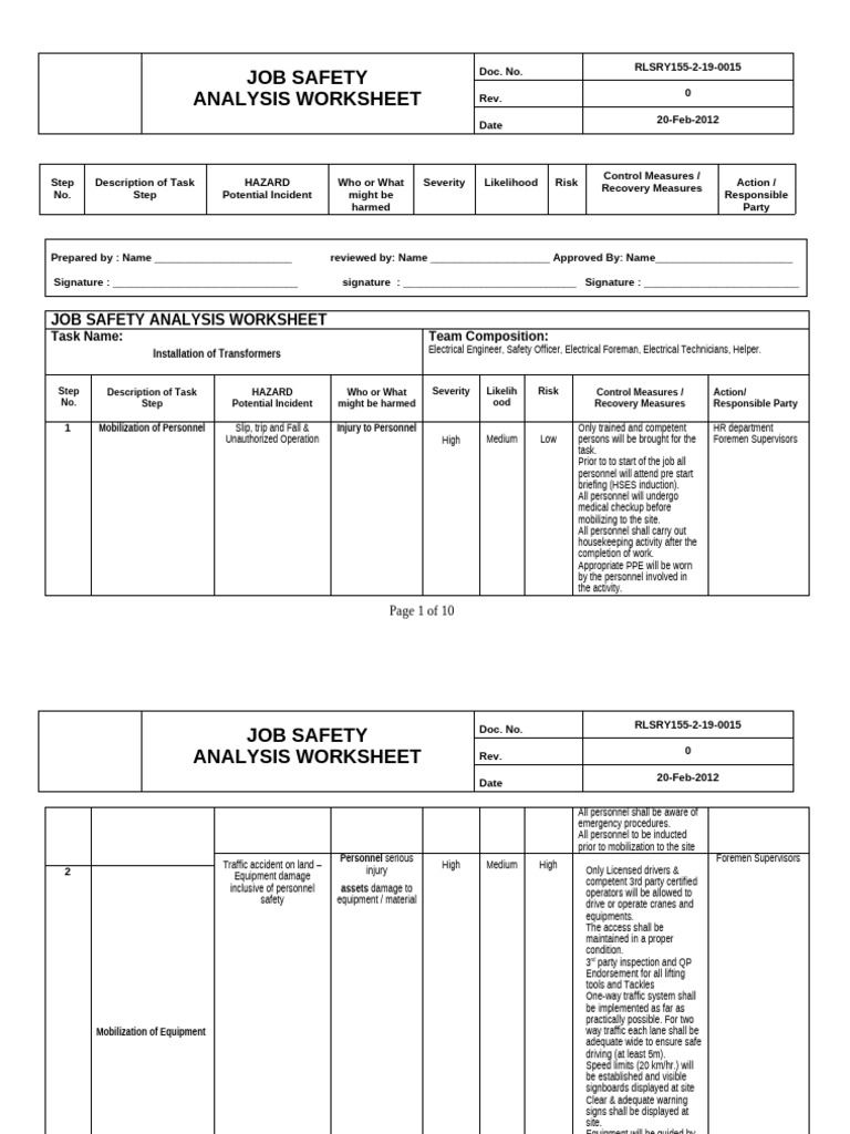 JSA Installation of Transformers | PDF | Safety | Occupational Safety ...