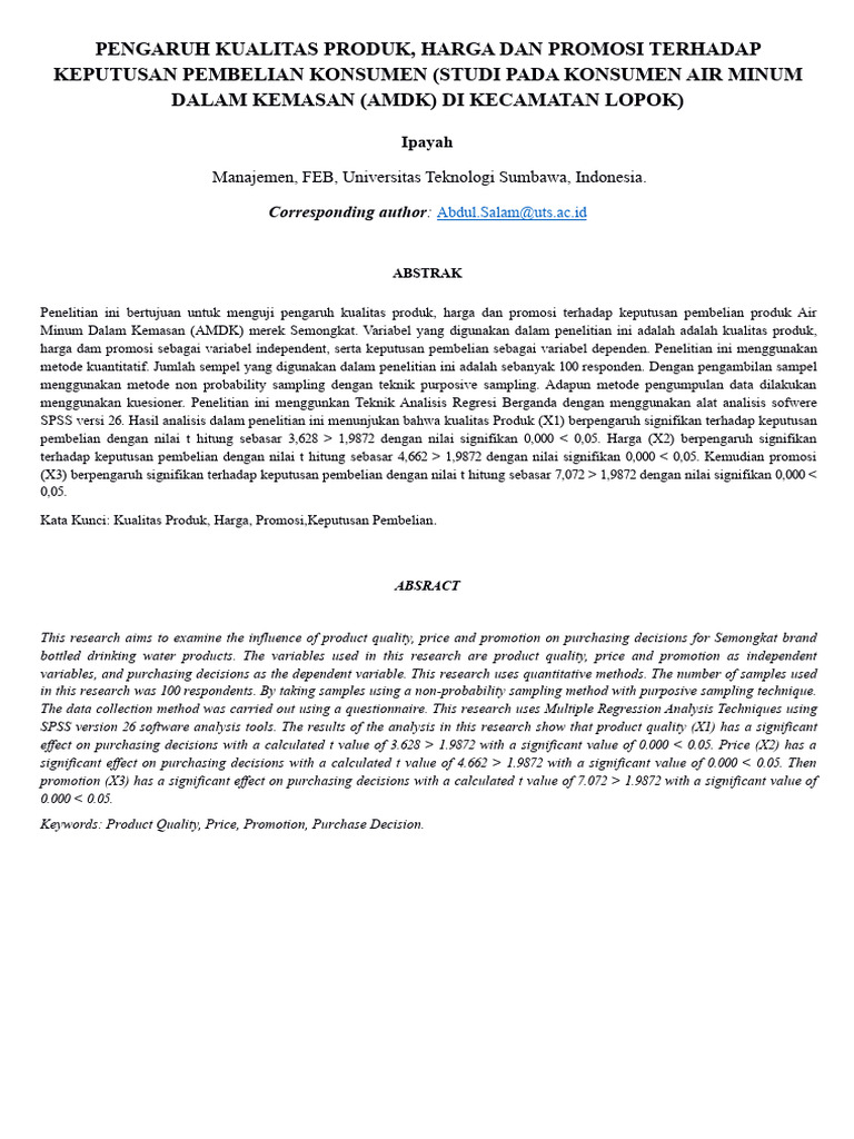 FEB-IPAYAH-PENGERUH KUALITAS PRODUK, HARGA DAN PROMOSI TERHADAP KEPUTUSAN PEMBELIAN KONSUMEN ...