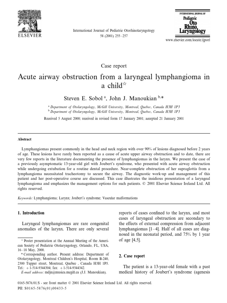 Acute Airway Obstruction From A Laryngeal Lymphangioma | PDF | Medical ...
